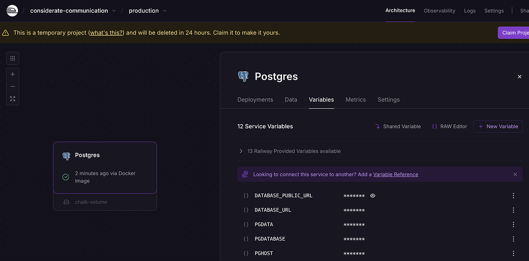 Tutorial - Error: P1001: "Can't reach database server at `postgres.railway.internal:5432`" when ...
